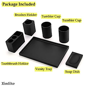 Ximlike Matte Black Bathroom Accessories Set 6 Pieces, Bathroom Accessory Set Bathroom Decor with 1 Vanity Tray, 2 Tumbler Cups, 1 Makeup Brushes Holder, 1 Toothbrush Holder, 1 Soap Dish