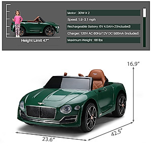 Tobbi 12V Licensed Bentley Electric Kids Ride On Racer Cars Toy Battery Powered Vehicle with Remote Control 3 Speeds MP3 USB in Blackish Green