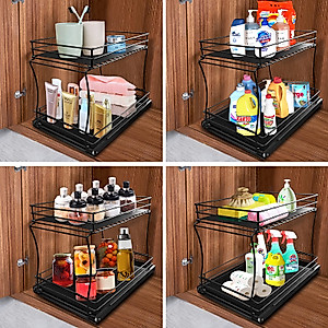 MUUBOOX Under Sink Cabinet Organizer Storage,Pull Out Cabinet Organizer with 2 Tier Pull Out Sliding Shelf with Protective Shelf Liners for Kitchen Bathroom Cabinet 11.6Wx15.8Dx13.3H-Inch (Black)