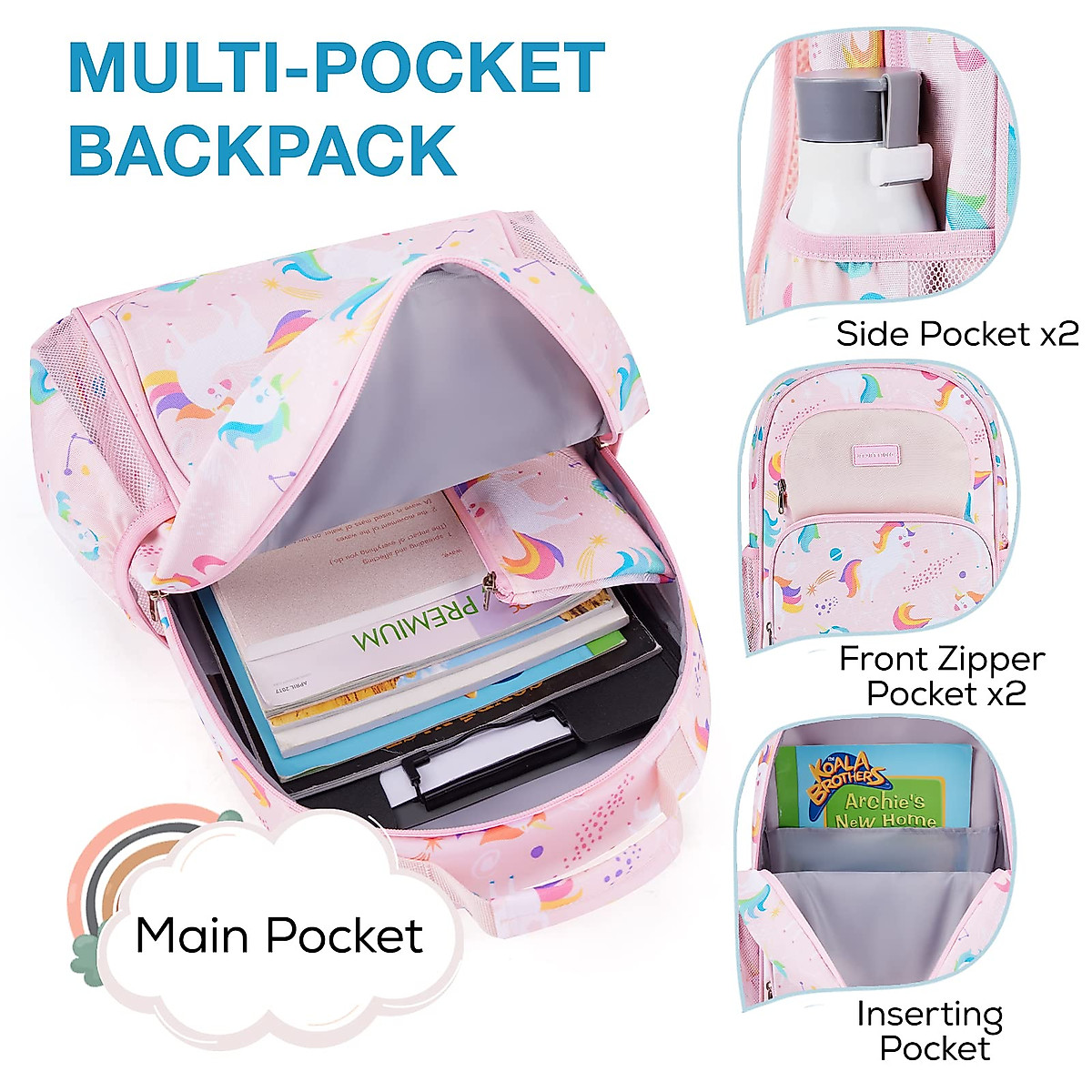 mommore Kids Backpack Set, Unicorn Backpack for Girls Lightweight Elementary Bookbag for Students School Backpack for Children with Chest Strap Water Resistant, 3pcs pink