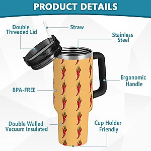 SDMKA 30oz Stainless Steel Tumbler with Straw and Handle, Vacuum Insulated Double-Walled Travel Mug, BPA-Free Leakproof Cup for Hot/Cold Beverages, Chili Peppers Flames