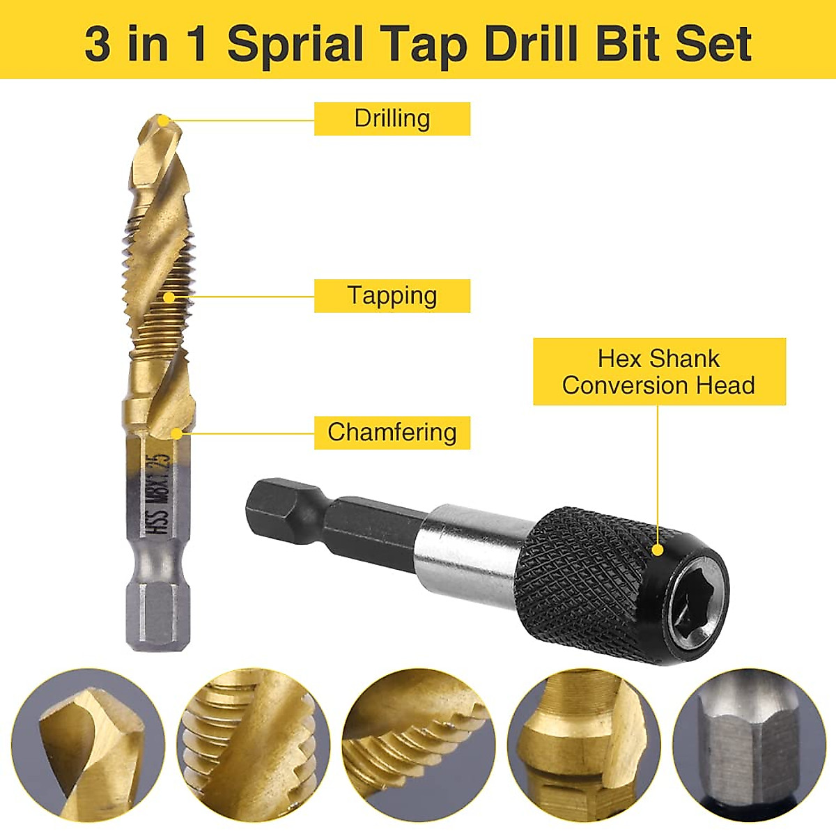 Drill Tap Bit Set, 3 in 1 Thread Tapping Drill Bit with Box, Hex Shank High Speed Steel Twist Drill Tapping Tool with Quick Change Adaptor, 13pcs