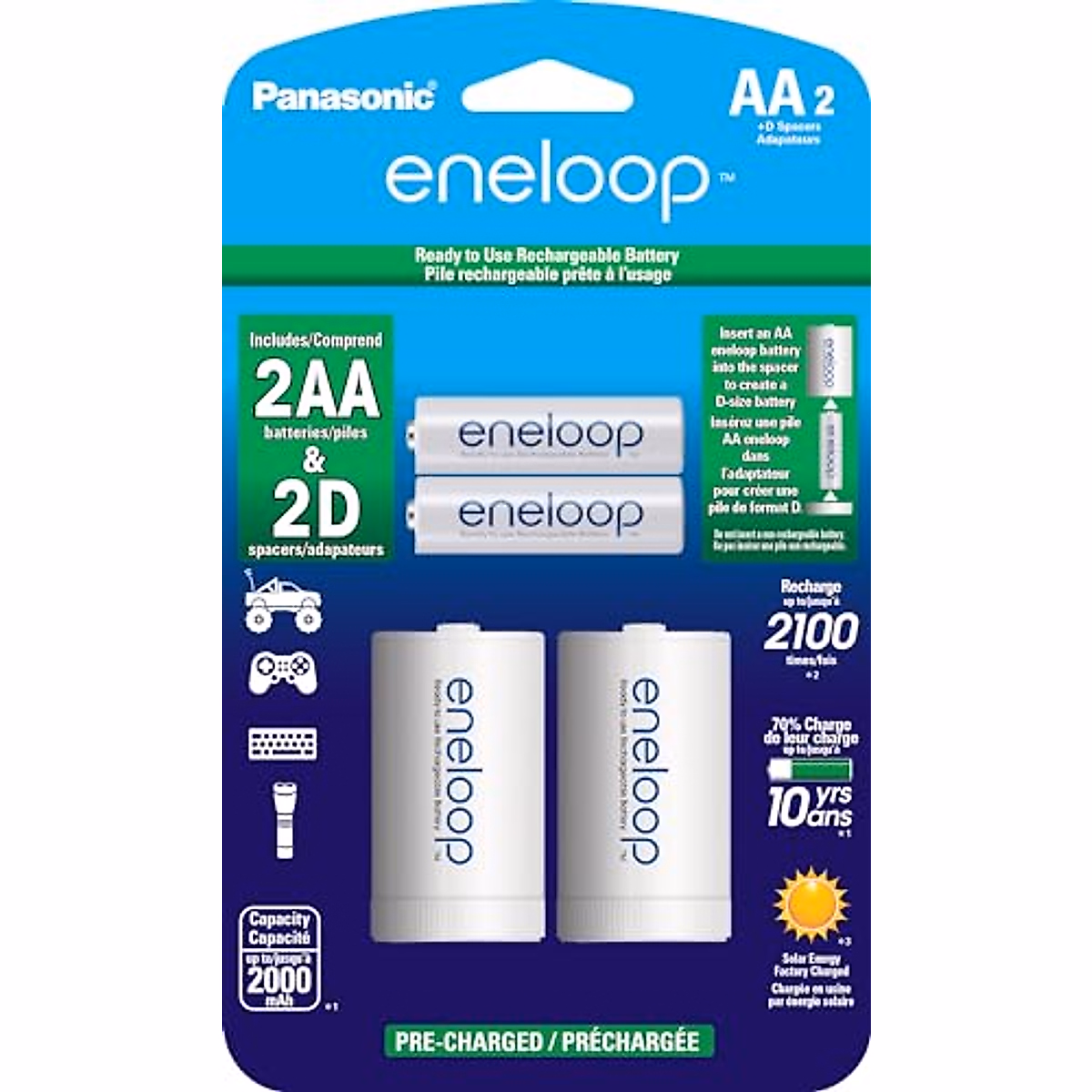 Eneloop Panasonic K-KJS1MCA2BA D Size Battery Adapters AA 2100 Cycle Ni- MH Pre-Charged Rechargeable Batteries, 2 "D Adapters with 2 Batteries