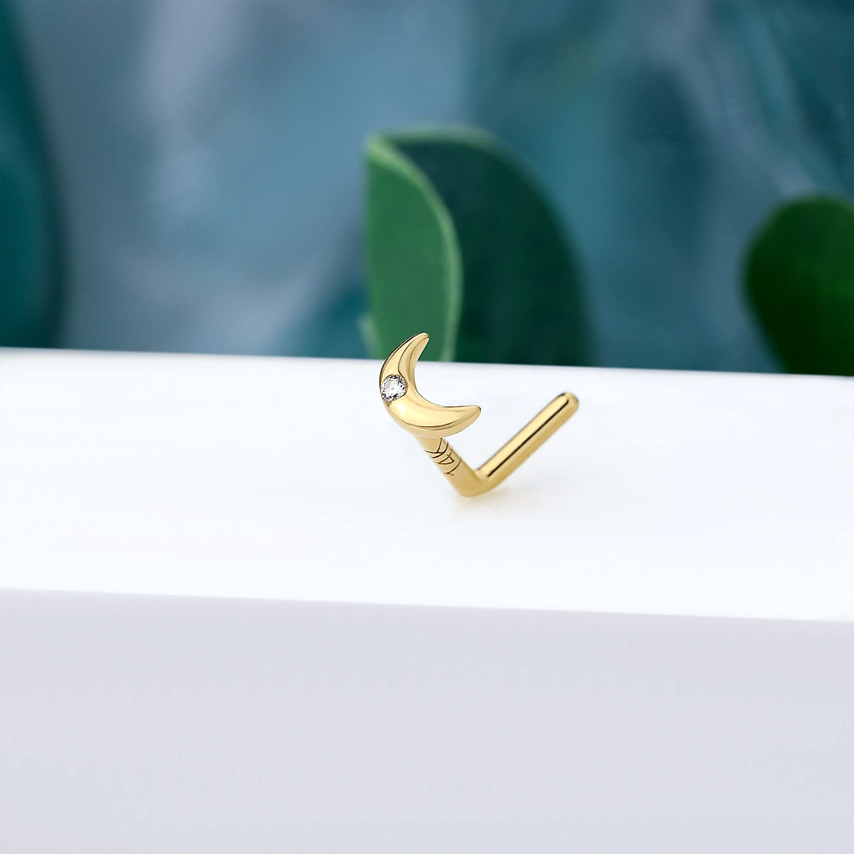 COCHARM 14k Solid Gold Nose Stud 14k L Bend Nose Ring Stud for Women Real Gold Half Moon Nose Piercing 14k Hypoallergenic Christmas Nose Jewelry Gold