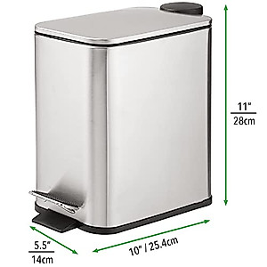 mDesign Slim Metal Rectangle 1.3 Gallon/5 Liter Trash Can with Step Pedal, Easy-Close Lid, Removable Liner - Narrow Wastebasket Garbage Container Bin for Bathroom, Bedroom - Brushed Stainless Steel