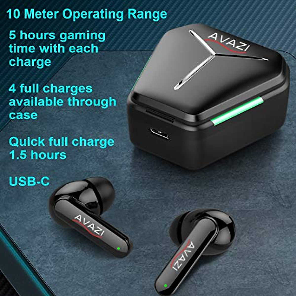 AVAZI GX10 HD True Wireless Earbuds TWS Bluetooth Headphones Stereo Sound Earphones, Sweat Proof Bluetooth 5.1 Headset with Built-in Mic for Sports. 50ms Ultra Low Latency Gaming