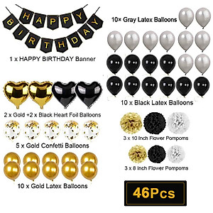 Black and Gold Party Decorations Happy Birthday Confetti Balloons with Banner,Star Heart Foil Balloons,Paper Pompoms for18th 20th 30th 40th 50th 60th 70th Birthday Decorat (Black and Gold)