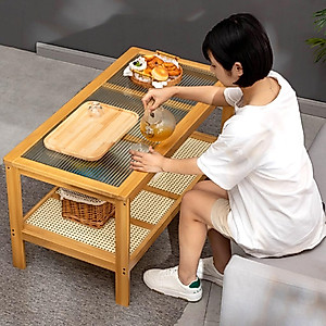 Mid Century Modern 2-Tier Center Table with Open Storage Shelf, Rattan Coffee Table, Boho Rectangular Bamboo Cocktail Table for Living Room