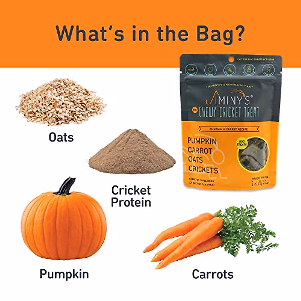 Jiminy's Cricket Treats - Chewy Hypoallergenic Dog Treats, 100% Made in The USA , Cricket Dog Treats, Gluten-Free, Sustainable, All Natural Dog Treats, High Protein - Pumpkin & Carrot, 6oz Bag
