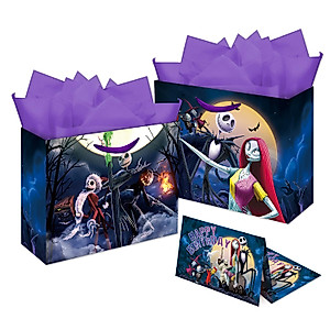MSJEHQI 2 Pack Nightmare before Christmas Birthday Bag Gift Bags With Tissue Paper, Greeting Cards and Handles Bag for Nightmare before Christmas Birthday Baby Shower Decor