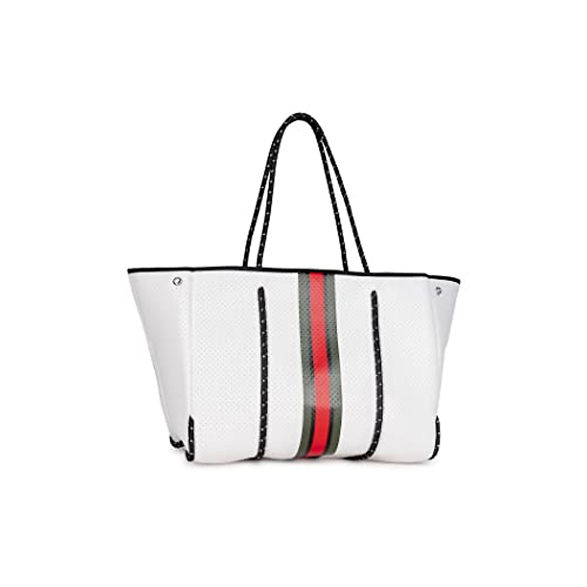 Haute Shore - Greyson Trento Neoprene Tote Bag w/Zipper Wristlet Inside, White Coated W/Red, Black & Green Stripe
