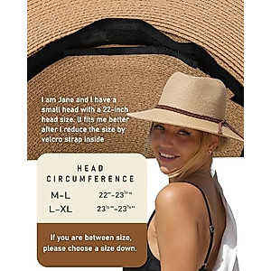 FURTALK Sun Hats for Women Summer Wide Brim UV UPF 50+ Panama Fedora Foldable Packable Straw Beach Hat Khaki