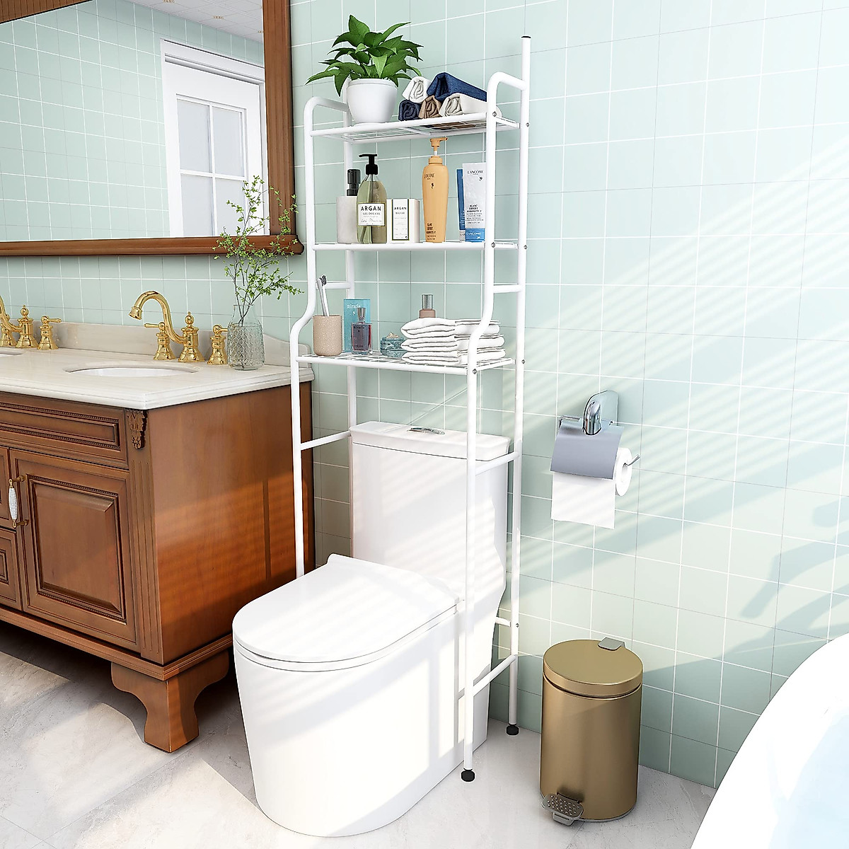 HAHRIR 3-Shelf Bathroom Organizer Over The Toilet Space Saver Over The Toilet Rack Bathroom Corner Stand Storage Organizer (White)