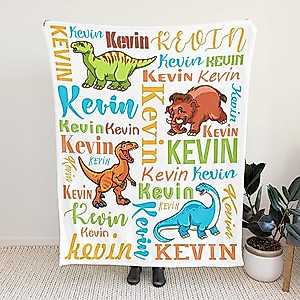 YMDLQDP Custom Name Blanket with Dinosaur Personalized Kids Blanket for Birthday Halloween Customized Throw Blankets Cute Animal Blanket for Bed Couch Camping