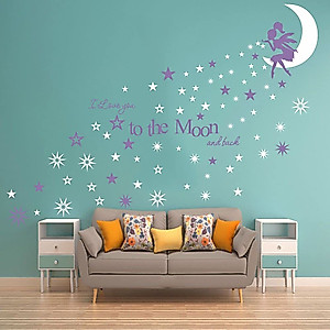 ANFRJJI Fairy Wall Decal "I Love You to The Moon and Back" Fairy Wall Sticker White moon and stars and purple elf fairy text and stars for Girl, Kids Bedroom Wall Decals, Nursery Decor JWH165 (purple