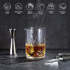 Cocktail Mixing Glass Set, Old Fashioned Kit : Stainless Steel Bar Spoon & Hawthorne Strainer & Japanese Jigger & Glass Polishing Cloth, Crystal Mixer Glass Yarai, Valentine's & Fathers Day Gifts