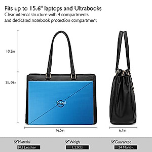 Laptop Tote Bag for Women 15.6 Inch Waterproof Leather Computer Bags Business Office Work Briefcase Black