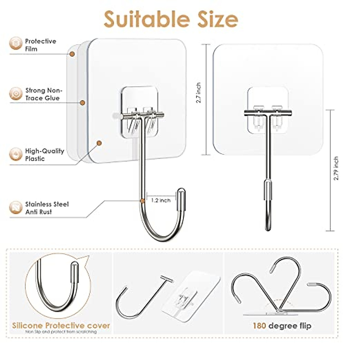 MUSICATE Large Adhesive Hooks, Transparent Self Adhesive Wall Hooks Heavy Duty 22 LB Waterproof Sticky Hooks Reusable Seamless Hooks Utility Hooks for Bathroom Kitchen Ceiling Office 10 Packs