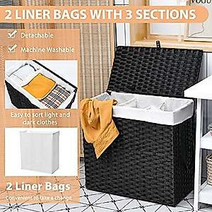 Giantex Laundry Hamper on Wheels, 3 Section 125L w/2 Liner Bags, Rattan Divided Laundry Sorter Clothes Basket w/Lid Handle for Bathroom (Black)