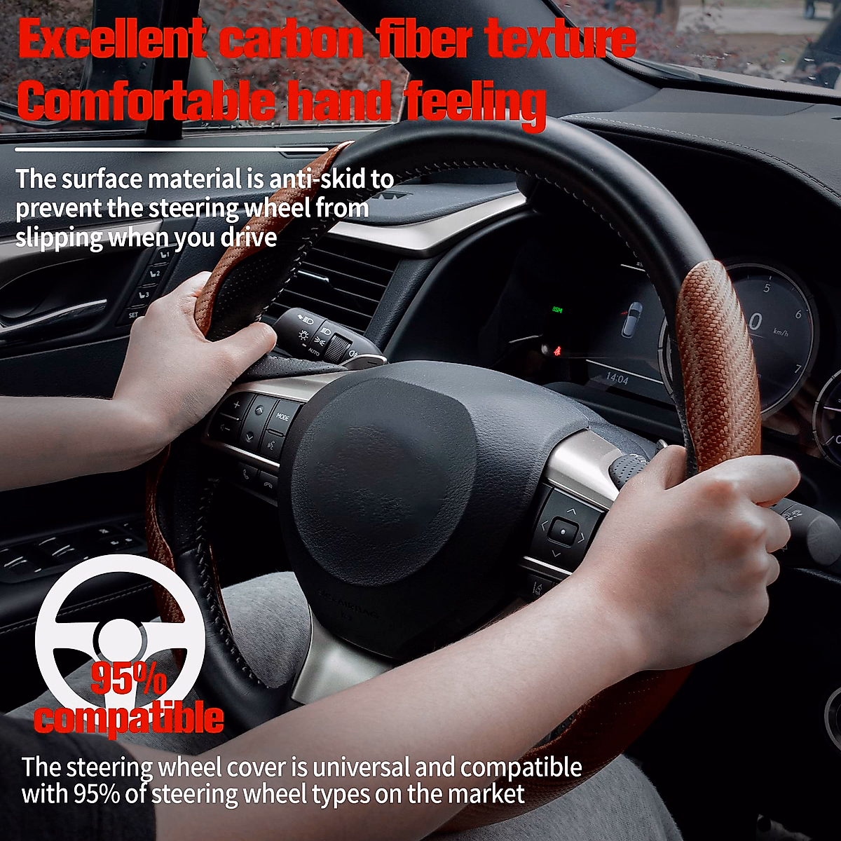 Amiss Car Carbon Fiber Anti-Skid Steering Wheel Cover/ Interior Accessories, Segmented Butterfly Universal 99% Wheel Cover Protector (Champagne)