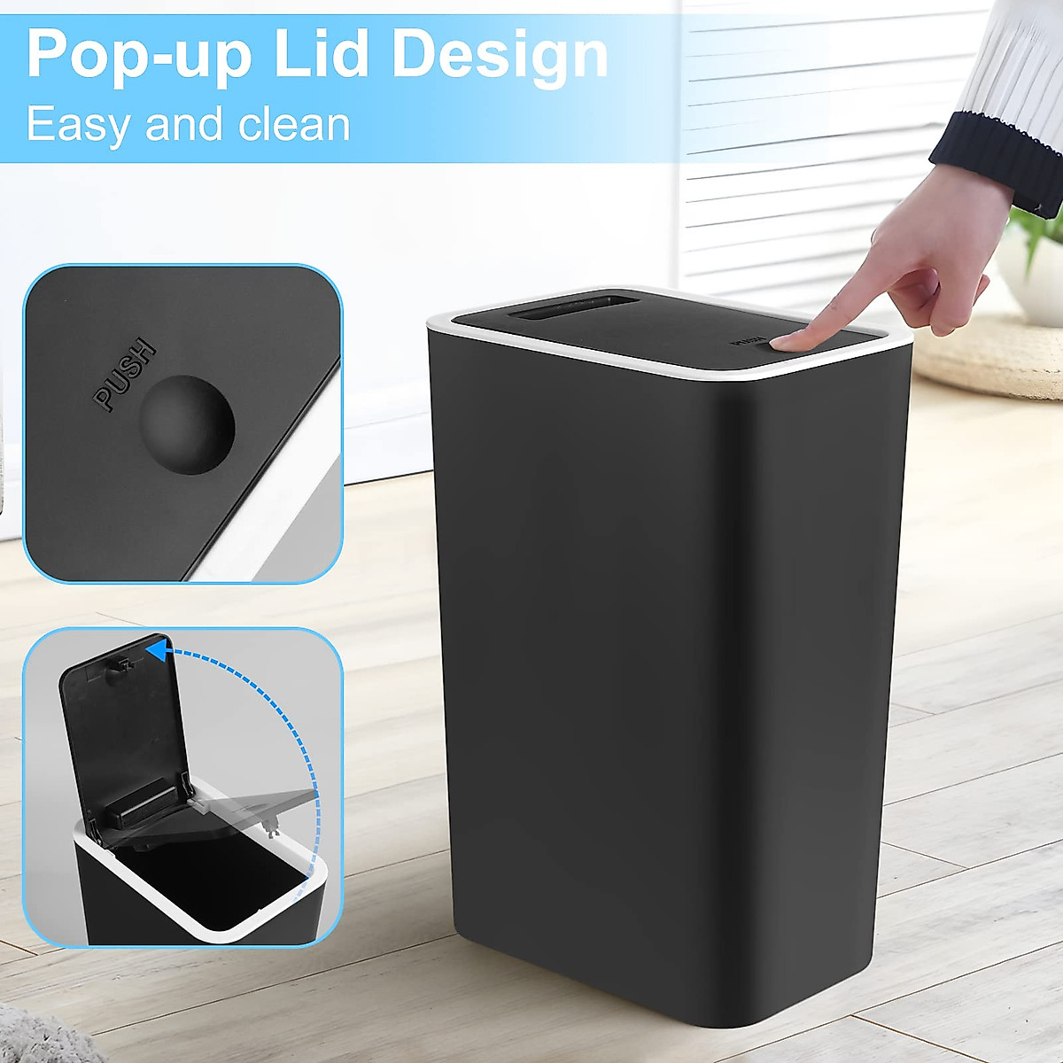 Anzoymx Bathroom Trash Cans with Lids 2 Pack Kitchen Garbage Can 4 Gallons with Pop Up Lid,Small Narrow Waste Basket Dog Proof for Bathroom Kitchen Bedroom Living Room and Office(15L,Black)