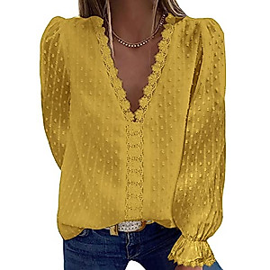 Diukia Women's Fashion Cute Swiss Dot Pom Pom Puff Long Sleeve Pullover Blouses Summer Sexy Lace Trim V Neck Blouse Tops Ladies Casual Loose Solid Chiffon Shirts Blouses for Autumn Spring Yellow XL