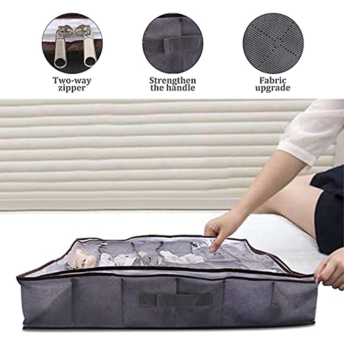 A set of 2, with lid, strong box strap/strong zipper and handle, bed bottom storage bag storage bag, transparent folding bed under shoe cabinet storage solution, a total of 24 pairs of shoes can be stored