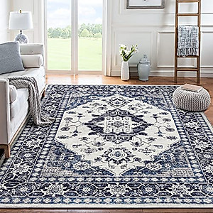 Area Rug Living Room Rugs: 8x10 Large Machine Washable Boho Carpet Vintage Medallion Floral Indoor Non Slip Decor Carpets for Under Dining Table Bedroom Farmhouse Nursery Home Office Blue