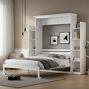 UOCFYK Queen Size Murphy Bed Wall Bed with 2 Storage Shelves and LED Lights,Multifunctional Foldable Platform Bedframe for Bedroom Guest Room Small Space, White