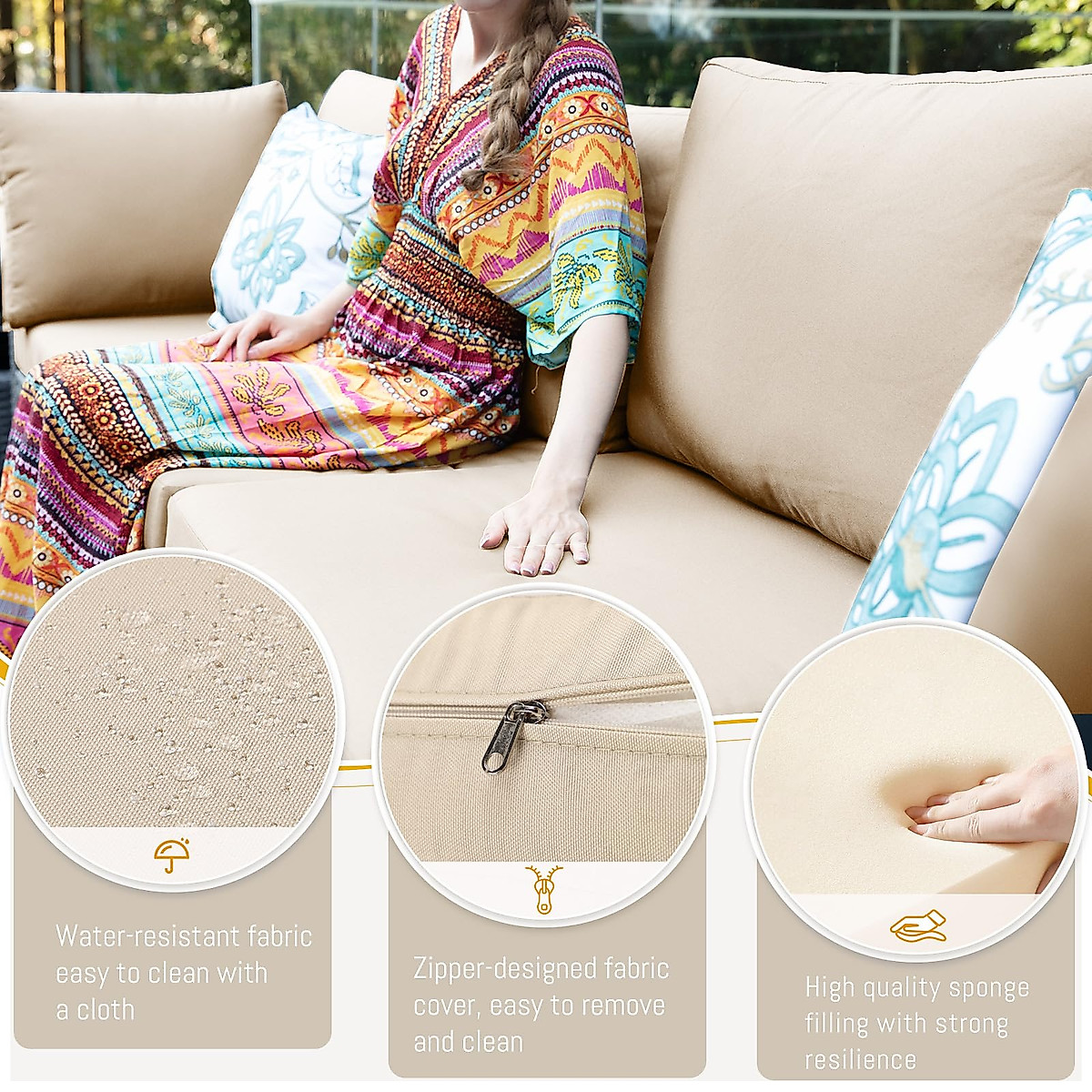 BULEXYARD High Back Brown PE Rattan Outdoor Patio Furniture Set with Propane Fire Pit Table, Large Wicker Outside Sectional Furniture Sofa Conversation Sets for Backyard(Beige, 9Pcs-A)