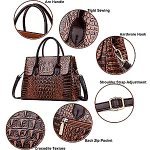 Women Satchel Handbags Top-Handle Bags fuax Leather Embossed Crocodile pattern shoulder bag, Brown, Large