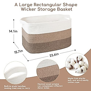 MEGASKET Extra Large Blanket Storage Basket, 23.6" x 15.7" x 14.1" Rectangle Woven Cotton Rope Basket, Blanket Basket Holder for Living Room, Wicker Storage Basket for Pillows, Blankets Organizer Bins