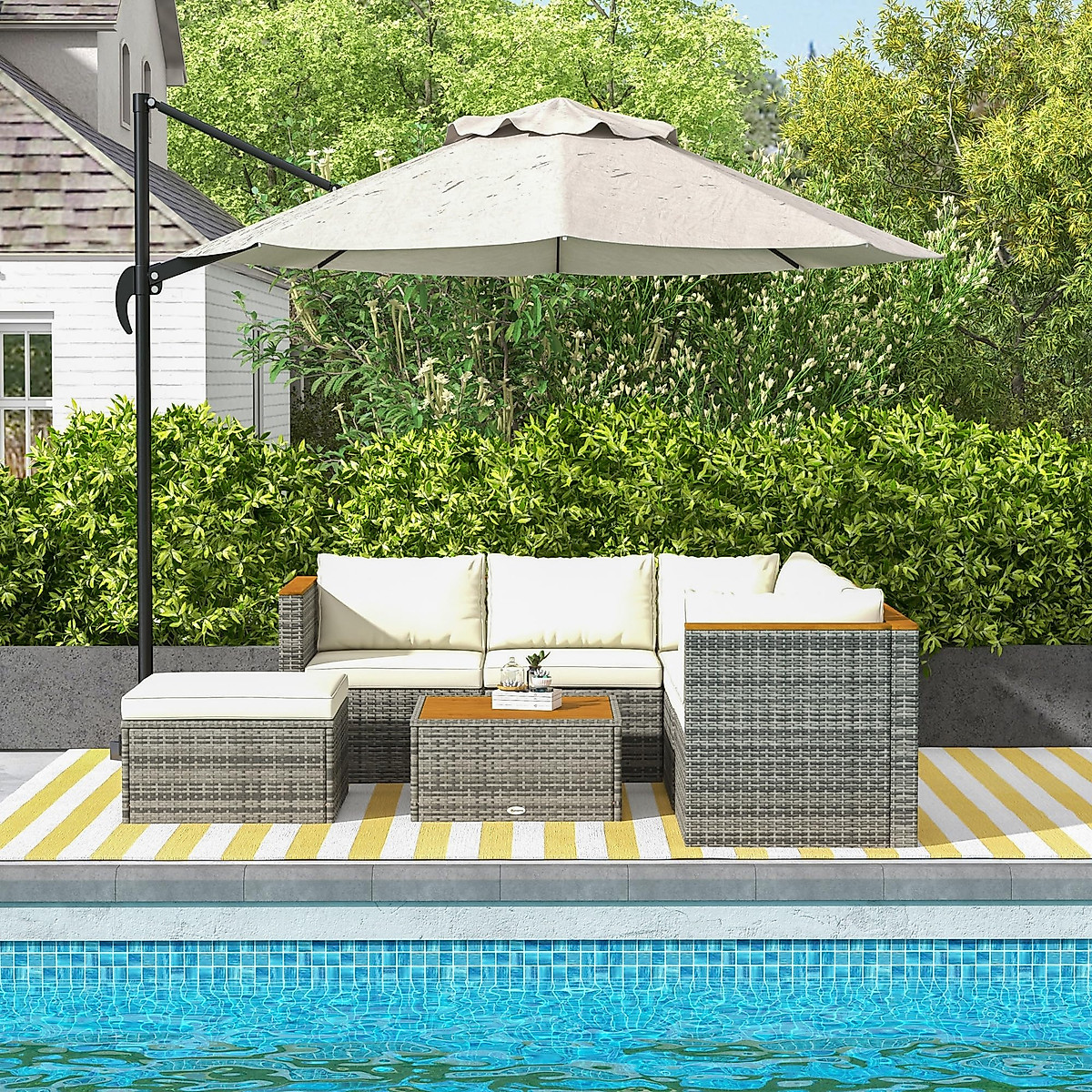 Outsunny Patio Wicker Furniture Set with Cushion, 7 Pieces Outdoor PE Rattan Sectional Sofa with Adjustable Backrest Seat Panel, Acacia Wood Accents, Metal Frame, White