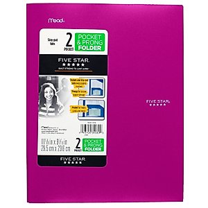 Five Star 2-Pocket Folder, Stay-Put Folder, Plastic Colored Folders with Pockets & Prong Fasteners for 3-Ring Binders, For Home School Supplies & Home Office, 11” x 8-1/2”, Pink/Purple (72117)