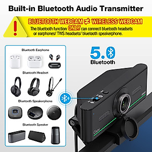 Audio Bluetooth Webcam with mic for desktop, Computer webcam Connect Bluetooth Headset/Earphone/Speaker, Streaming Webcam for Live Skype Teams,PC Webcam Camera for Streaming, Bluetooth only for audio
