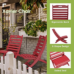 GREENVINES Folding-Xavier-Chairs Set of 4 | Wave | Portable Adirondack-Chair | HDPE Plastic | All Weather Fire-Pit Chair | Red | for Beach Outdoor Deck Poolside Garden Patio Porch Fishing