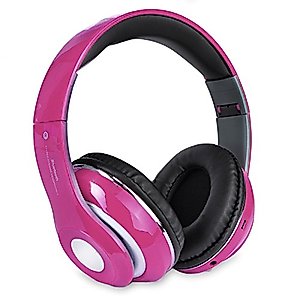 Altatac Bluetooth Rechargeable Over Ear Headset Foldable Wireless Wired Headphones with Memory Card Slot Built-in FM Tuner Microphone Audio Cable for Phone TV Computer MP3 Player - Pink