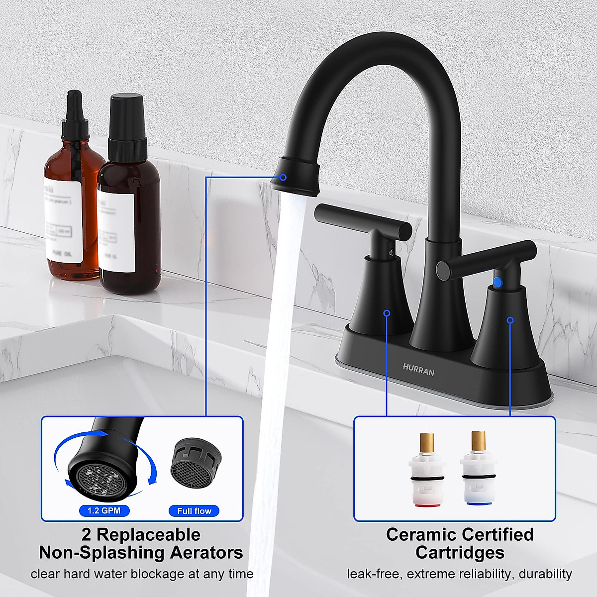 Matte Black Bathroom Sink Faucet with Pop-up Drain and Supply Hose, 4 inch Faucet for Bathroom Sink Vanity, Kitchen Faucet with Pull Down Sprayer, Kitchen Faucets for Sink 3 Hole Bar Rv Camper Laundry