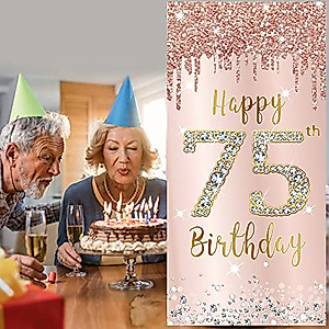 75th Birthday Decorations Door Banner for Women, Pink Rose Gold Happy 75 Birthday Backdrop Party Supplies, 75 Year Old Birthday Poster Door Cover Sign Decor