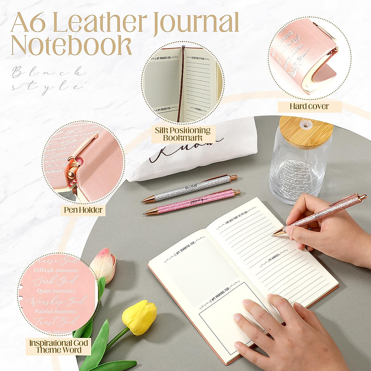 Spakon 6 Pcs Christian Gifts for Women Bible Verse A6 Leather Journal Notebook 16 oz Glass Cup Glitter Ballpoint Pen Makeup Bag Inspirational Gifts Sunday School Teacher Appreciation Day(Rose Gold)