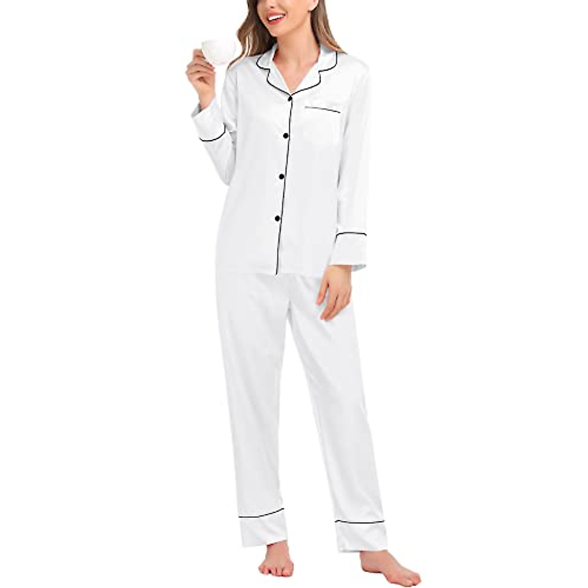SWOMOG Womens Silk Satin Pajamas Set Long Sleeve Loungewear 2 Pieces Sleepwear Button-Down Pj Set White