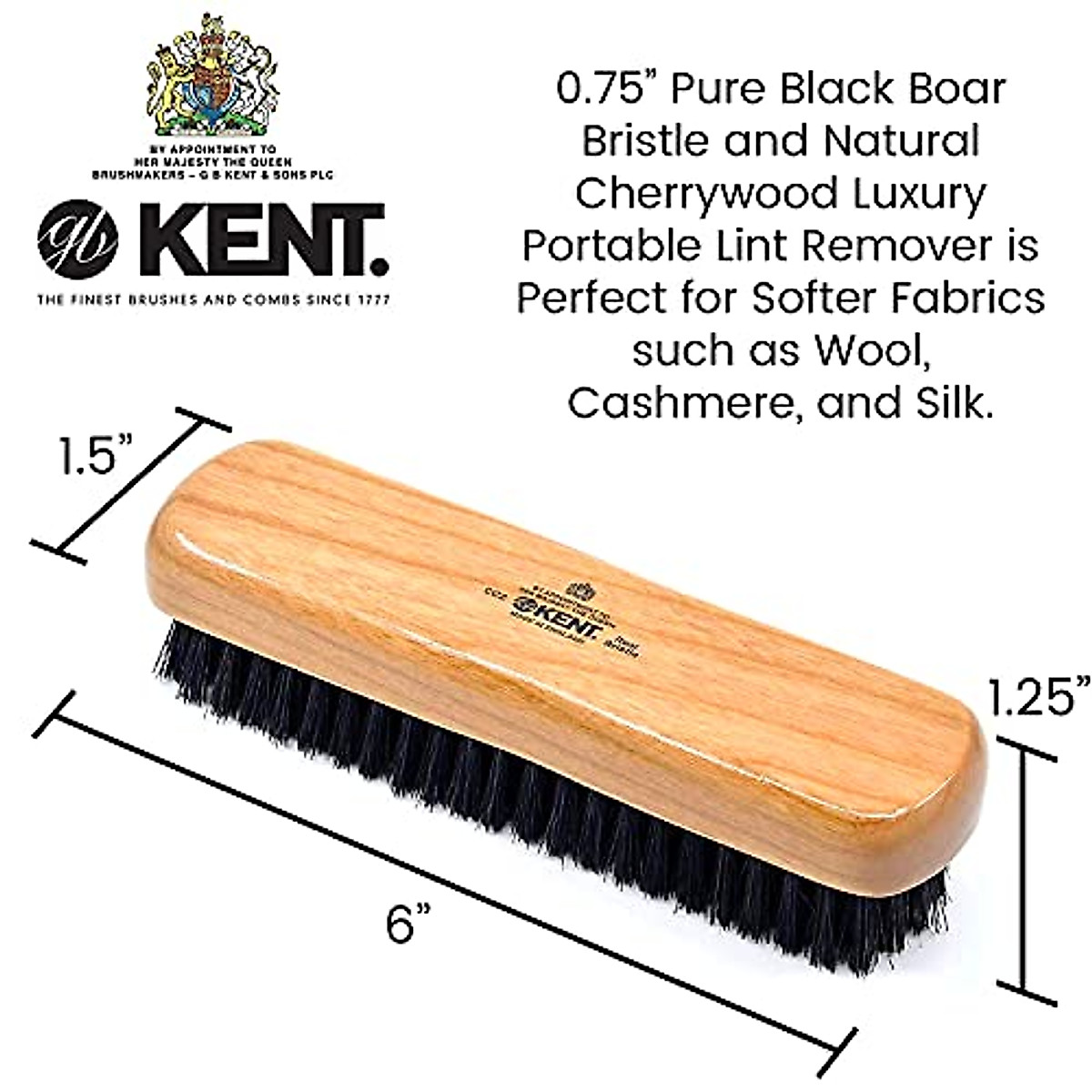 Kent CC2 Finest 100% Handcrafted Black Boar Bristle Cherrywood Clothes Brush and Travel Size Lint Remover for Cashmere, Wool, and Silk - Sweater Fuzz Remover, Suede Brush, and Lint Brush for Pet Hair