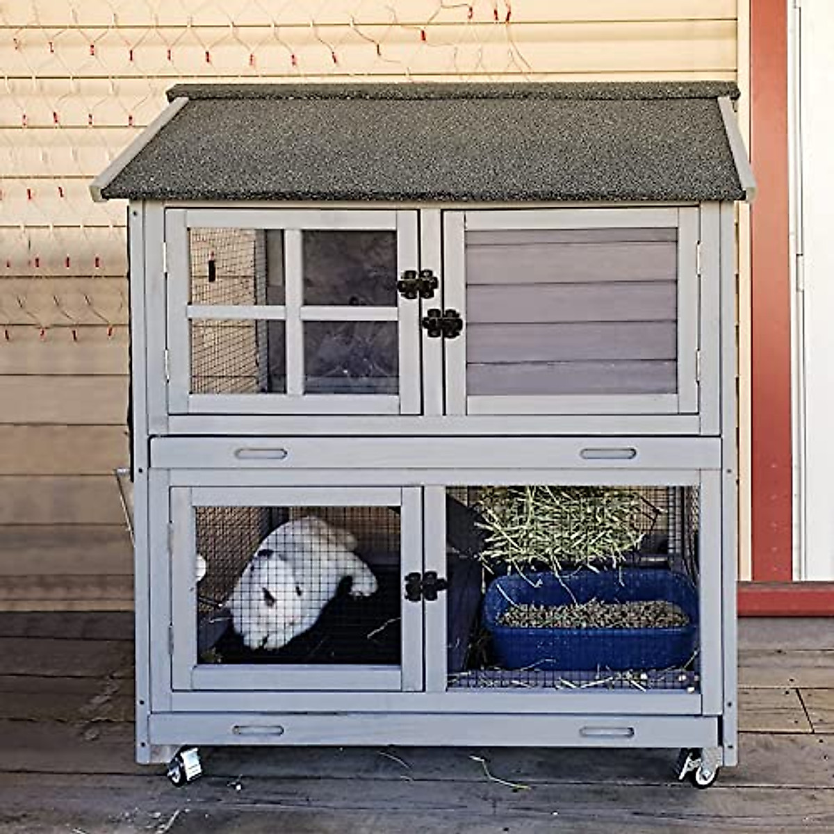 Rabbit Hutch Indoor Rabbit Cage for Small Animals Outdoor Bunny Cage with Movable Wire Netting, Guinea Pig Habitat On Wheels,Pull Out Leak Proof Tray (Grey+Camel)
