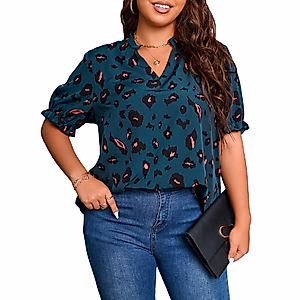 SOLY HUX Women's Plus Size Allover Printed Notched V Neck Short Sleeve Casual Blouse Tops Teal Blue 1XL
