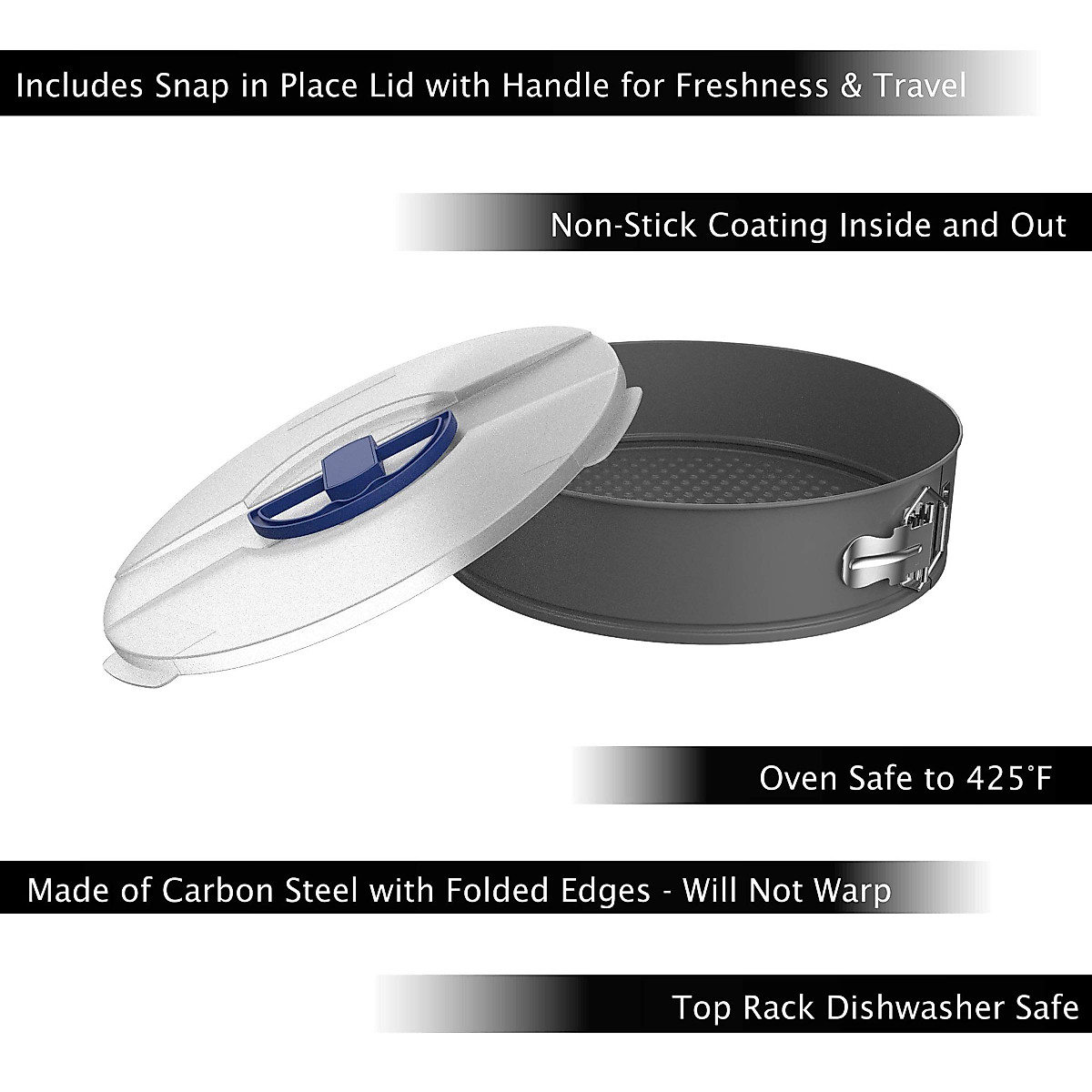 Classic Cuisine Springform Cheesecake Pan with Lid-10 Bakeware Nonstick Baking Travel Friendly Snap-on Lid-Anti Warping Carbon Steel, white