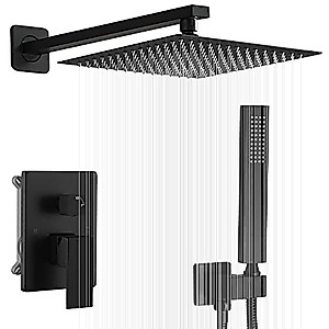 JingGang Matte Black Shower System 12 Inch Bathroom Luxury Rain Mixer Shower Combo Set Wall Mounted Rainfall Shower Head and Handheld System Shower Faucet Set Rough-in Valve Body and Trim Included