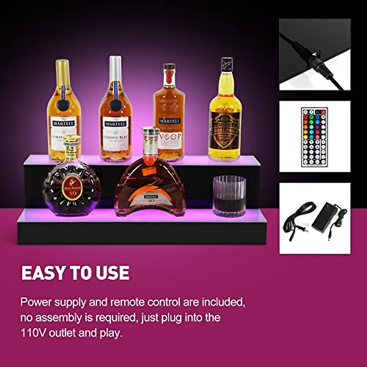 COSVALVE 2 Step Lighted Liquor Bottle Display Shelf, 24 Inch Illuminated Bar Bottle Shelf 2-Tier Commercial Home Bar Bottle Display Drinks Acrylic Lighting Shelves with Remote Control