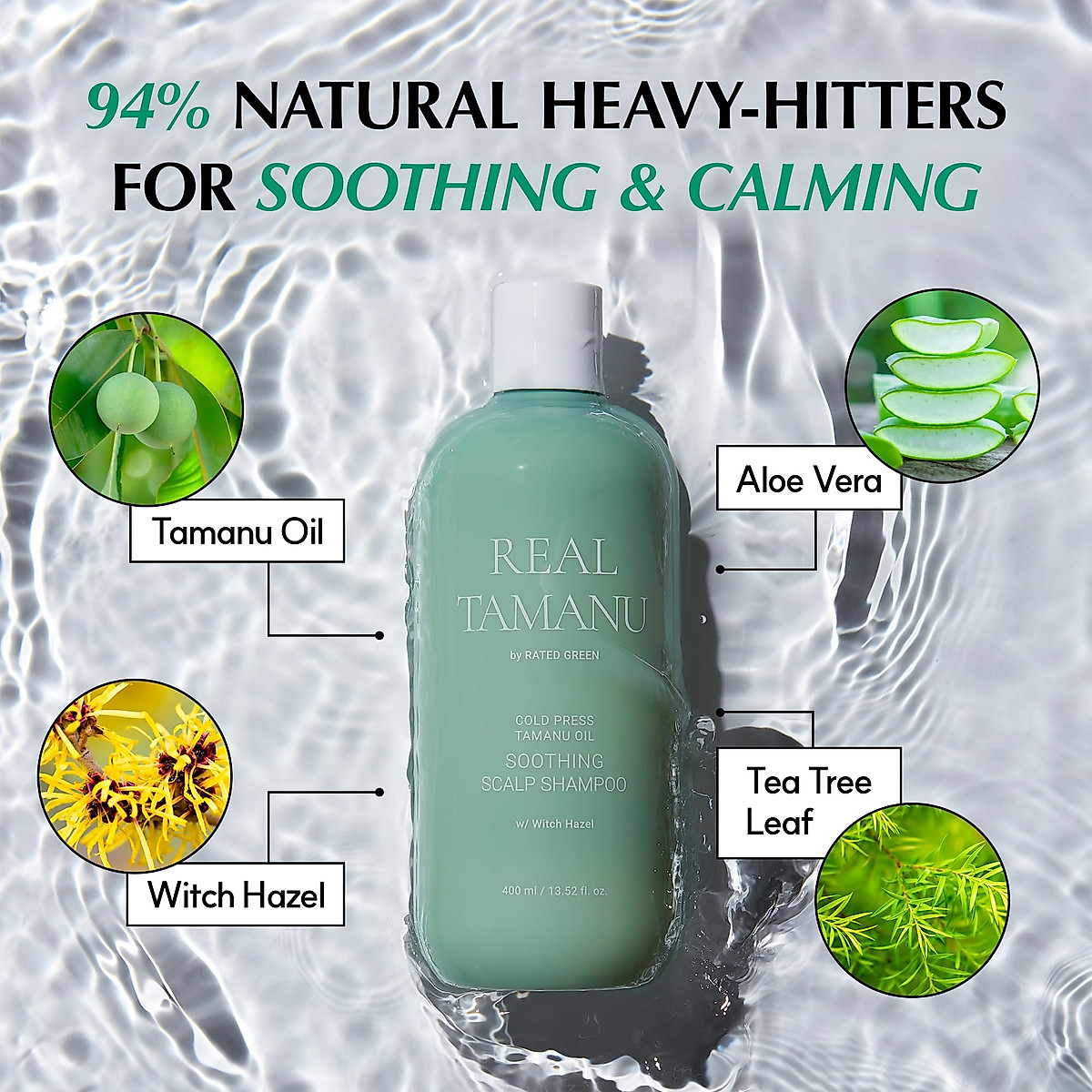 RATED GREEN REAL TAMANU Soothing Shampoo | Scalp Relief & Nourishing for Troubled, Itchy & Dry Scalp | Organic Cold Pressed Tamanu Oil Shampoo (13.52 Fl Oz)