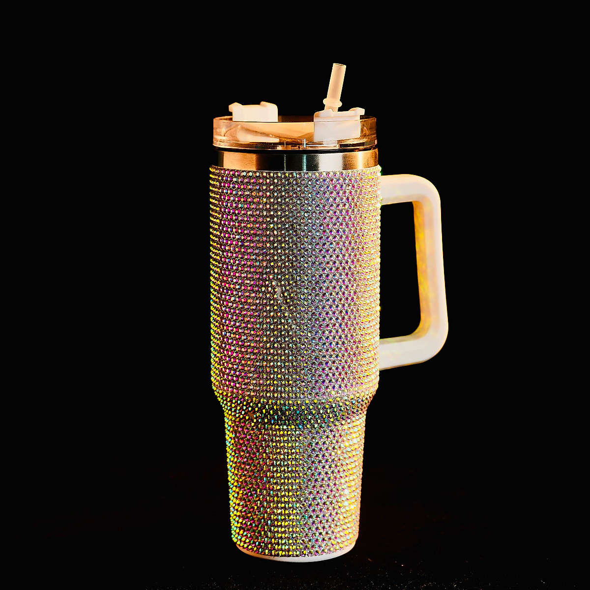 Buyso 40 Oz Bling Tumbler With Handle Rhinestones Tumbler With Lid and Straw Fix for Car Cup Holder Insulated Stainless Steel Double Wall Water Cup Travel Mug Tumblr For Women (40 oz, Shiny)