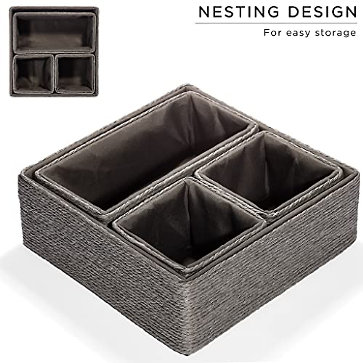 Sorbus Storage Baskets 4-Piece Set - Stackable Woven Basket Paper Rope Bin Boxes for Makeup, Office Supplies, Bedroom, Closet (Gray)